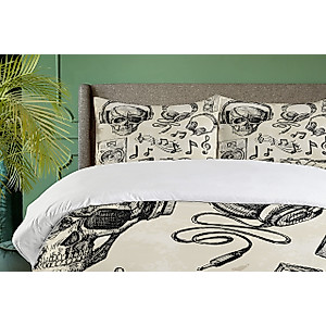 Ambesonne Music Duvet Cover Set, Sketchy Background Hipster Skull Headphones Record Player Mic Speakers Print, Decorative 3 Piece Bedding Set with 2 Pillow Shams, Queen Size, Beige Black