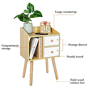 X-cosrack Wooden Small Nightstand with Storage Drawers Mid Century Modern Bedside Table with Vertical Open Storage Shelf and Solid Wood Legs, End Side Table for Bedroom Natural