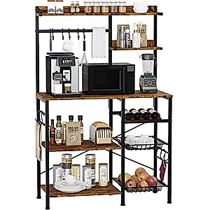 Kitchen Baker’s Rack with 2 Pull Out Wire Baskets, Microwave Stand with Storage Shelf & Wine Rack, 5-Tier Utility Coffee Bar Station with 10 Hooks for Spice Rack Organizer Workstation, Rustic Brown