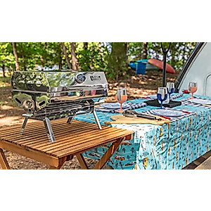Camco Life is Better at the Campsite Tablecloth with Bench Covers | Provides a Clean Eating Surface for Outdoor Activities | Features an RV and Tree Sketch Design | (53380)