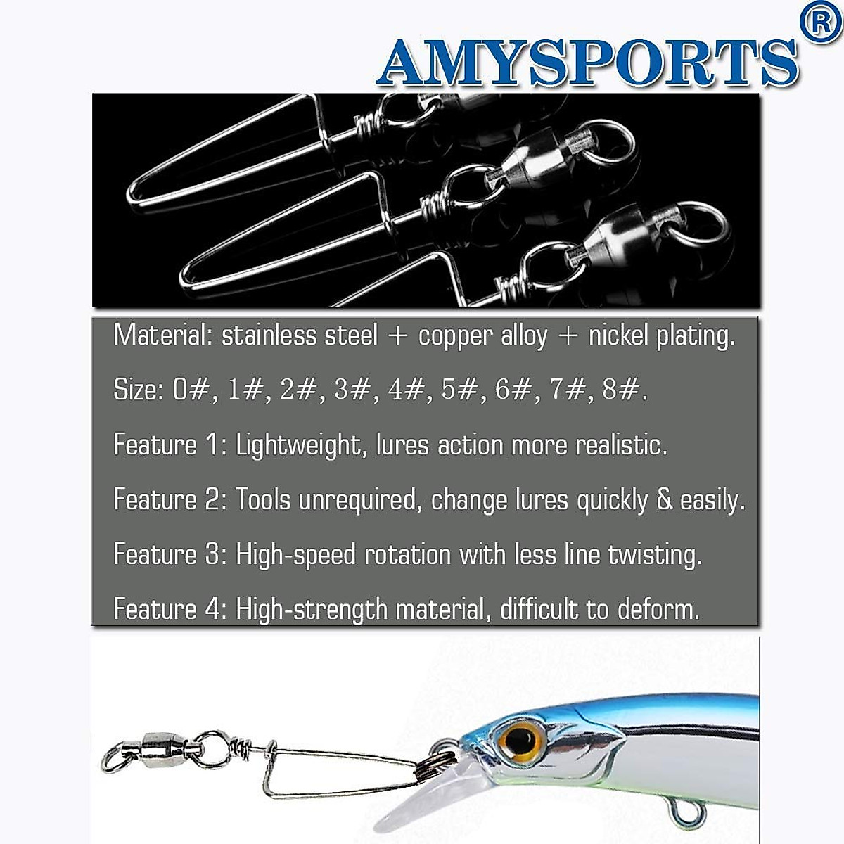 AMYSPORTS High Strength Fishing Snap Swivels Ball Bearing, Stainless Fishing Swivels Saltwater Corrosion Resistance Barrel Swivel for Freshwater Fishing 25pcs 18lbs