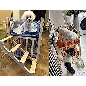 HYDT Double-Layer Wooden Pet Dog Bed with Bedding, All Seasons Elevated Pet Cot with Stairs & Guardrail, for Small Medium Dogs Cats