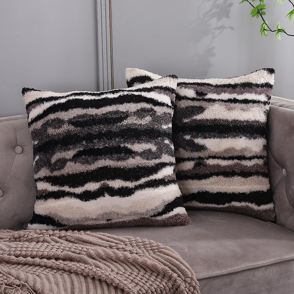 Black White Fluffy Throw Pillow Covers 18x18 Faux Fur Boucle Decorative Accent Cushion Cases Sherpa Neutral Fuzzy Plush Indoor Winter Decorations Home Decor for Couch Livingroom Bed Sofa, Set of 2
