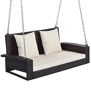 FANYE Outdoor PE Wicker Swing Chains, Pillows for Garden, Backyard, Pond Porch Furniture Set, 2 Seaters Double Rattan Cushioned Conversation Hanging Sofa & Couch, Brown+Beige