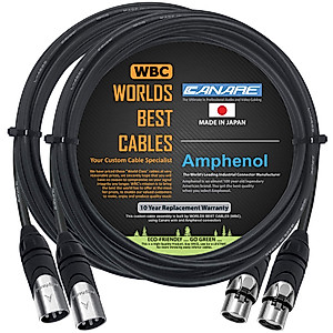 2 Units - 12 Foot - Canare L-4E6S, Star Quad, Shielded (Braided shield & Polyethylene Insulation) Balanced Microphone Cables terminated with Amphenol AX3M Silver XLR Male Connectors and Amphenol AX3F