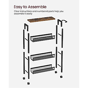VASAGLE Slim Storage Cart, 4-Tier Rolling Cart Tower, Slide Out Cart with Handle Metal Mobile Shelving Unit for Kitchen Dining Living Room Office Narrow Places, Rustic Brown and Black ULRC032B01V1