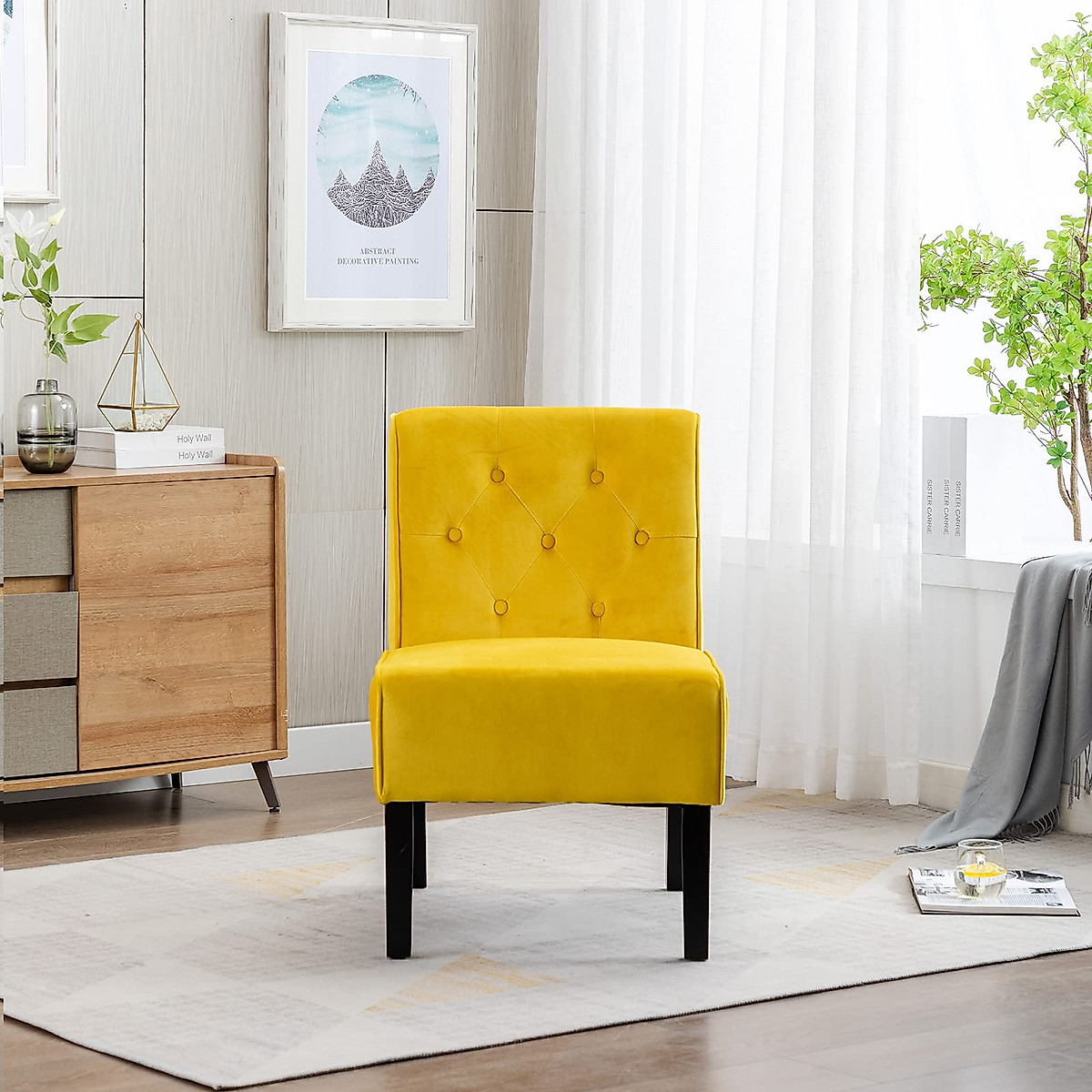 Freemax Velvet Fabric Accent Chair Armless Leisure Side Chair Cute Decorative Slipper Chair Small Tufted Single Sofa Chair for Living Room Bedroom Office Reading Room Nook (Yellow)