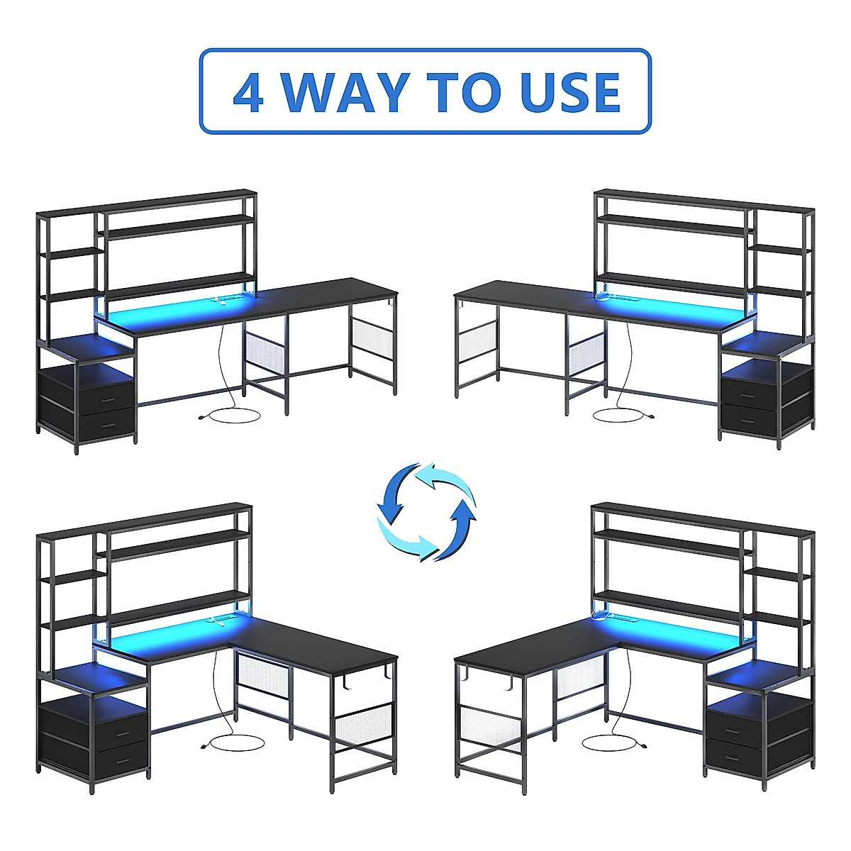 YOMILUVE L Shaped Desk with Drawers & Storage Shelves, Reversible Gaming Desk with Power Outlets, Corner Computer Desk with LED Lights & Hutch, Study Writing Workstation for Home Office (Black)