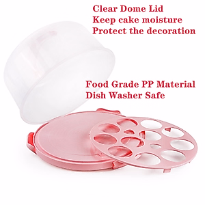 HOYA PONYOO Portable Cake Carrier with Handle, Round Cupcake Holder with Lid, Plastic Storage Container Box fit 10 inch Cake, 3-Locking Muffin and Pies Keeper with Cover (Pink)