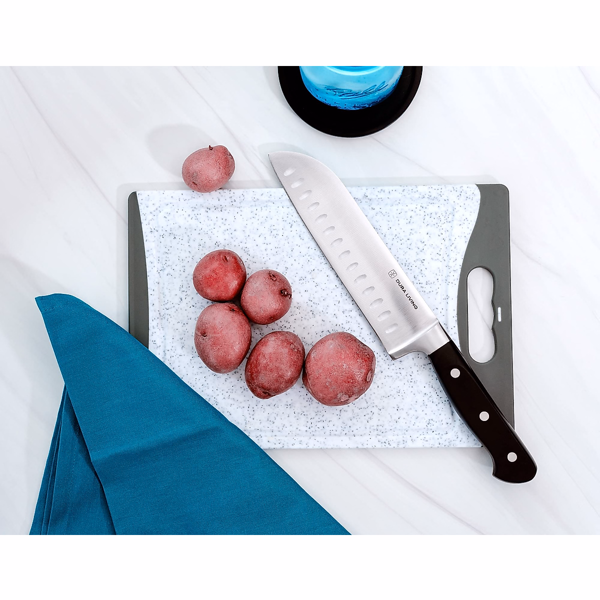 DURA LIVING 7-Inch Santoku Knife - Razor-Sharp High-Carbon Stainless Steel Blade, Forged Ergonomic Riveted Handle, Chef Knife for Chopping, Slicing & Dicing, Multipurpose Kitchen Knife, Home Chef