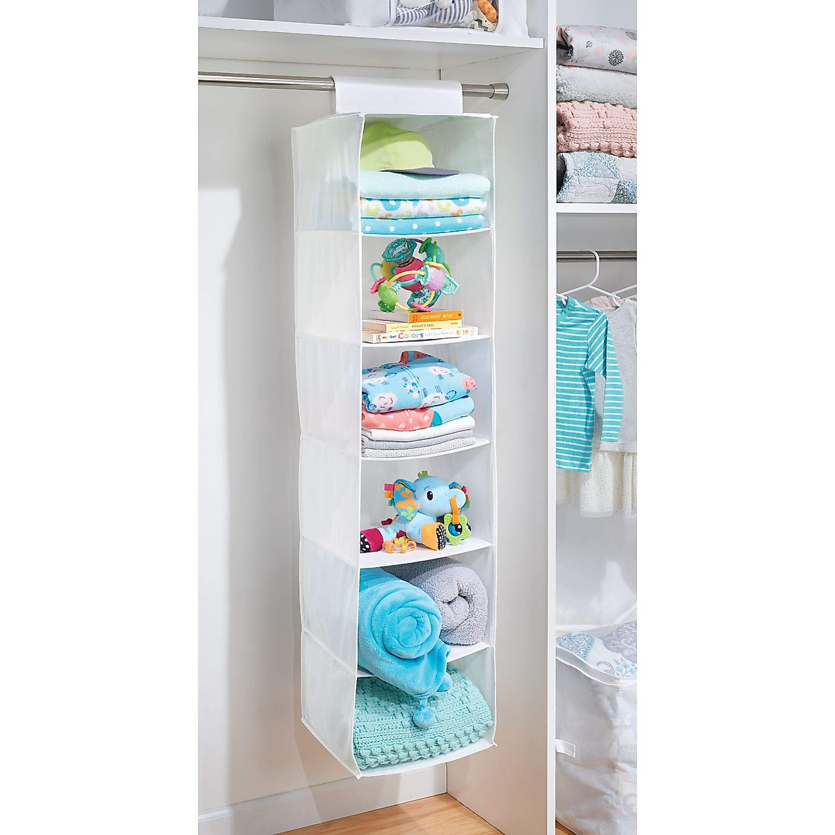 iDesign Fabric 6-Shelf Hanging Closet Storage Organizer for Clothing, Sweaters, Shoes, Accessories in Bedrooms, College Dorms, 11.75" x 11.75" x 50" - White