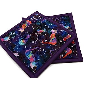 Colorful Cats in Space Pot Holders - Set of 2-8 Inch Square Cotton Fabric in Blue, Purple and White