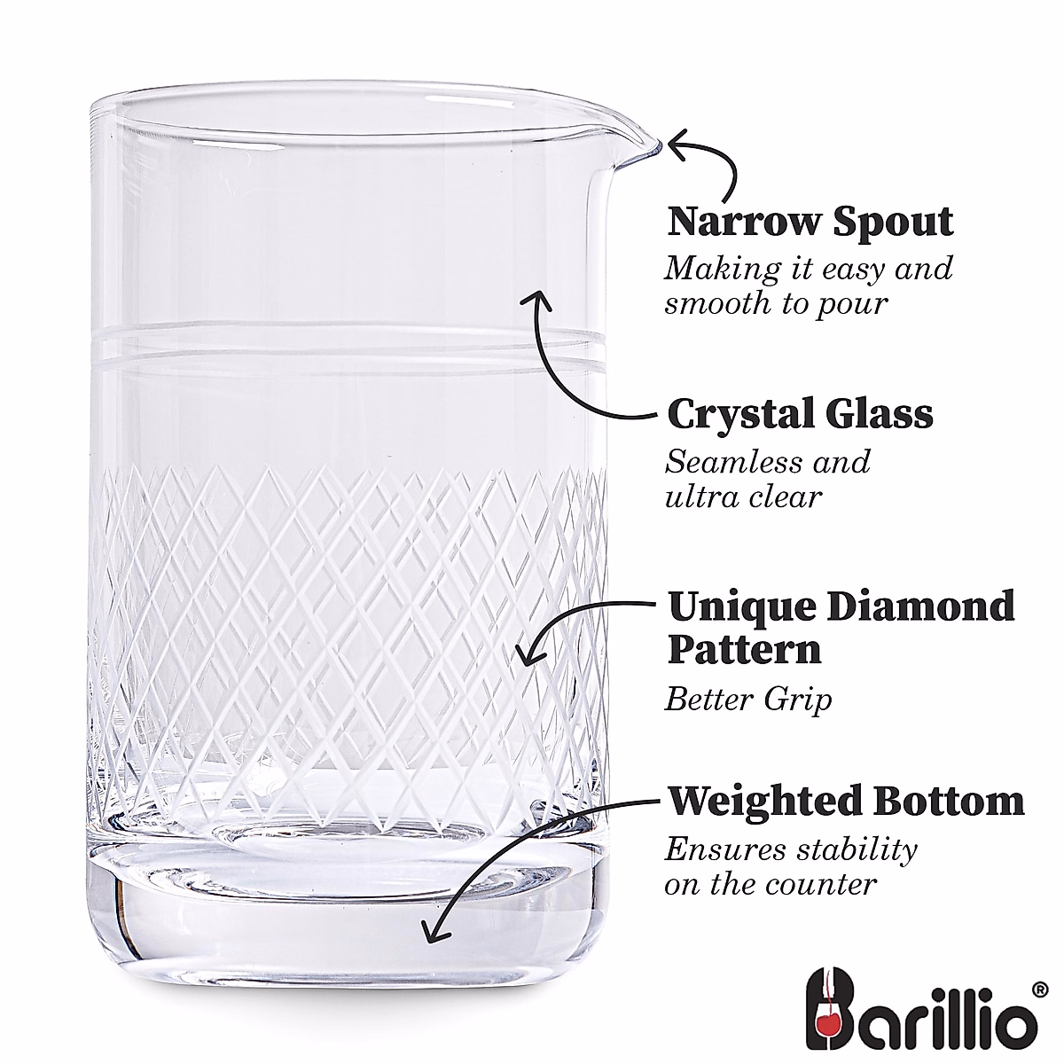 20 Oz Crystal Cocktail Mixing Glass Set with Bamboo Stand by Barillio | Seamless Mixing Pitcher for Stirred Cocktail with Thick Weighted Bottom