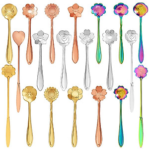 20PCS Flower Spoon Set, FULANDL Stainless Steel Tea Spoon Coffee Spoon Sugar Spoon, Reusable Tableware Stirring Spoon Ice Cream Spoon for Coffee, Tea, Cake, Dessert, Multiple Shapes (4.9 & 7Inch)