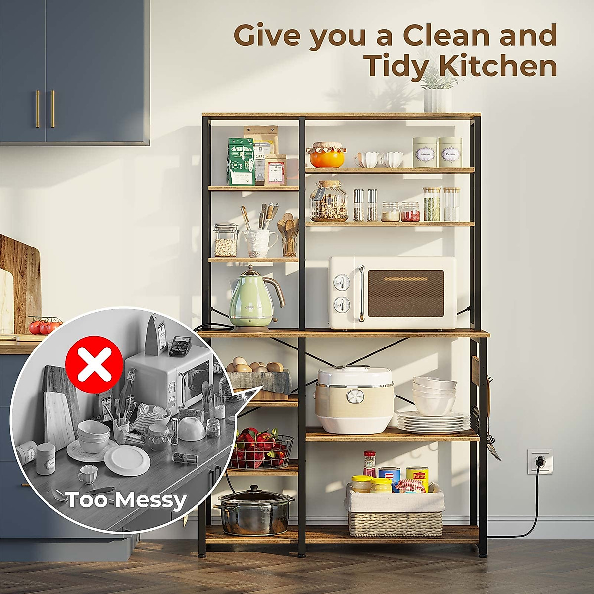 Rolanstar Baker's Rack, 60.9inch 10-Tier Kitchen Utility Storage Shelf with 15 Hooks, Large Kitchen Rack with Power Outlet, Microwave Oven Stand, Stable Coffee Bar, Rustic Brown