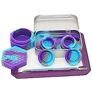 Vitakiwi Silicone Wax Carving Travel Kit with 5ml 26ml Honeybee Concentrate Containers + 5.2" Rainbow Tool + 5.9"×4.9" Mat + Tin Carrying Box (Purple Blue Grey)