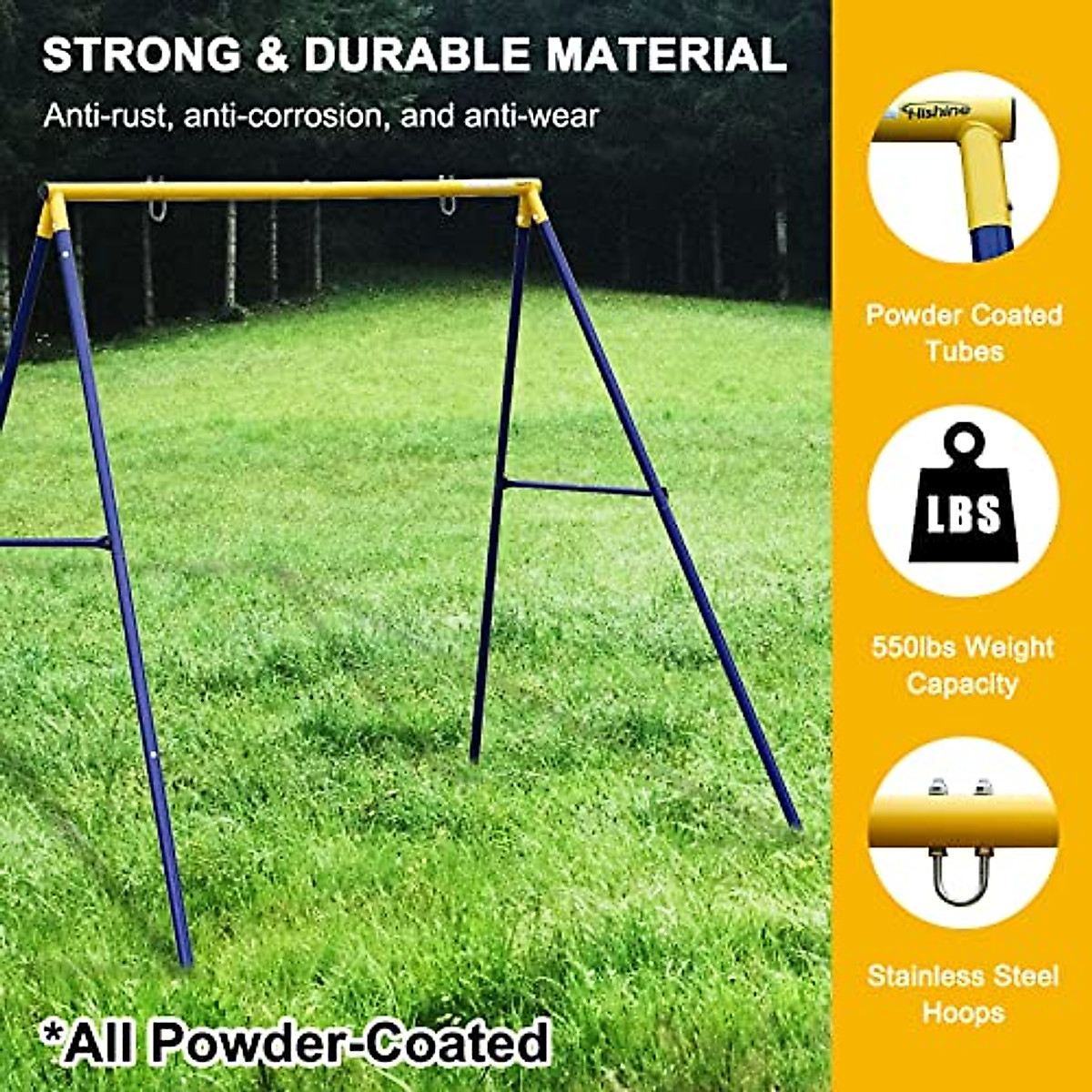 Hishine Swing Stand Heavy Duty Swing Frame Full Steel Metal Frame Swing Set for Backyard, Blue&Yellow (Swing NOT Included)