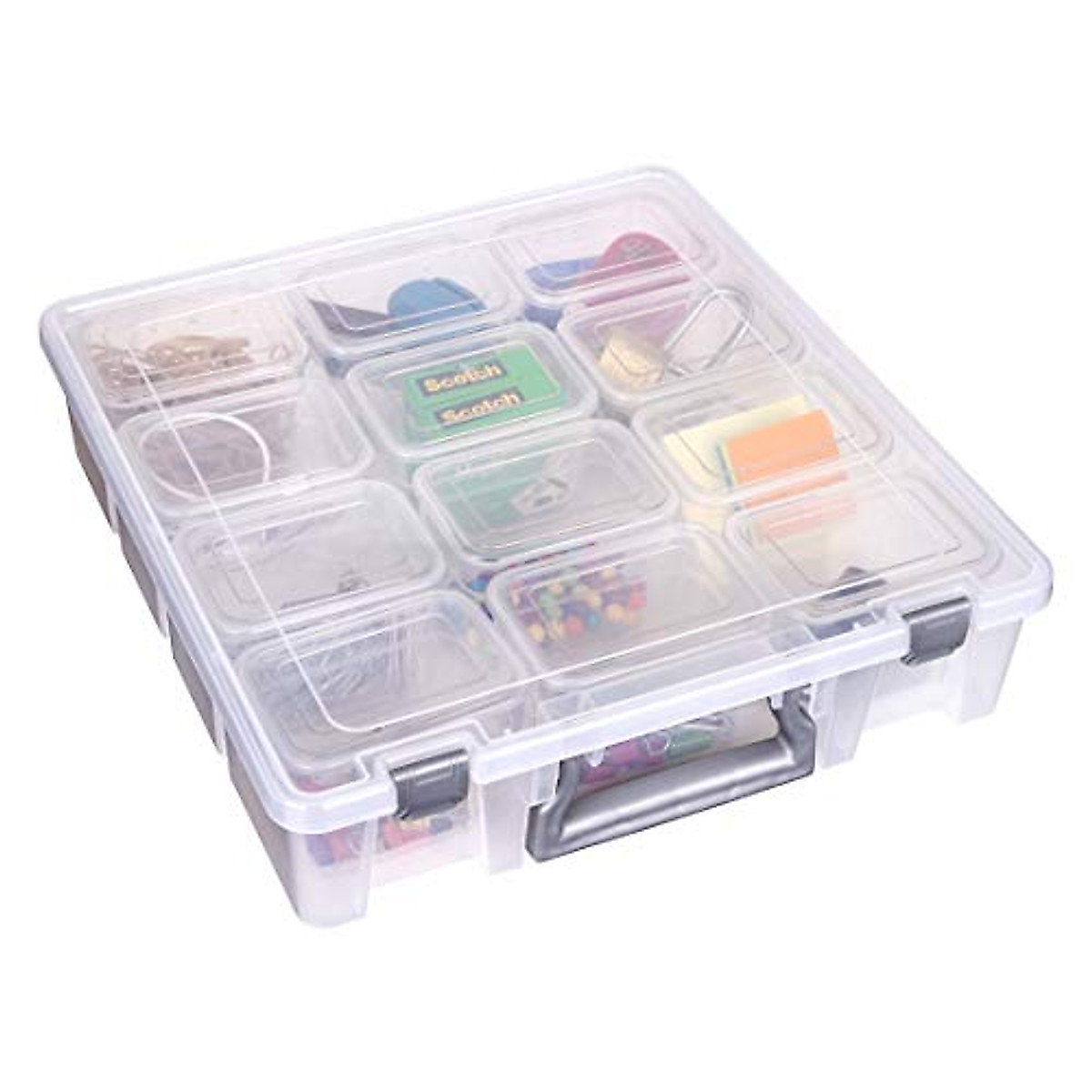 AB Designs 6965ABD Super Satchel with 9 Small Bins Inside, Stackable Home Storage Organization Container, Clear with Sliver Latches and Handle