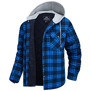 MAGCOMSEN Men's Flannel Shirt Jacket with Hood for Men Long Sleeve Hoodie Jacket Flannel Lined Plaid Button Down Shirts Casual Unisex Jacket