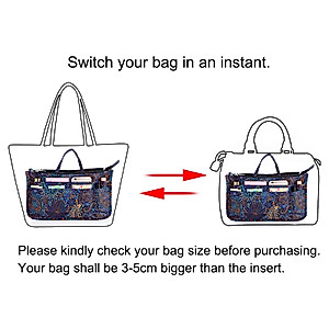 BTSKY Printing Handbag Organizers Inside Purse Insert - High Capacity 13 Pockets Bag Tote Organizer with Handle(Blue Lotus)