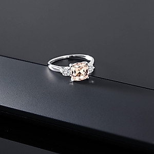 Gem Stone King 10K White Gold Peach Morganite and Forever Classic Moissanite 3 Stone Engagement Ring For Women (1.56 Cttw, Cushion 7MM, Gemstone October Birthstone) (Size 6)