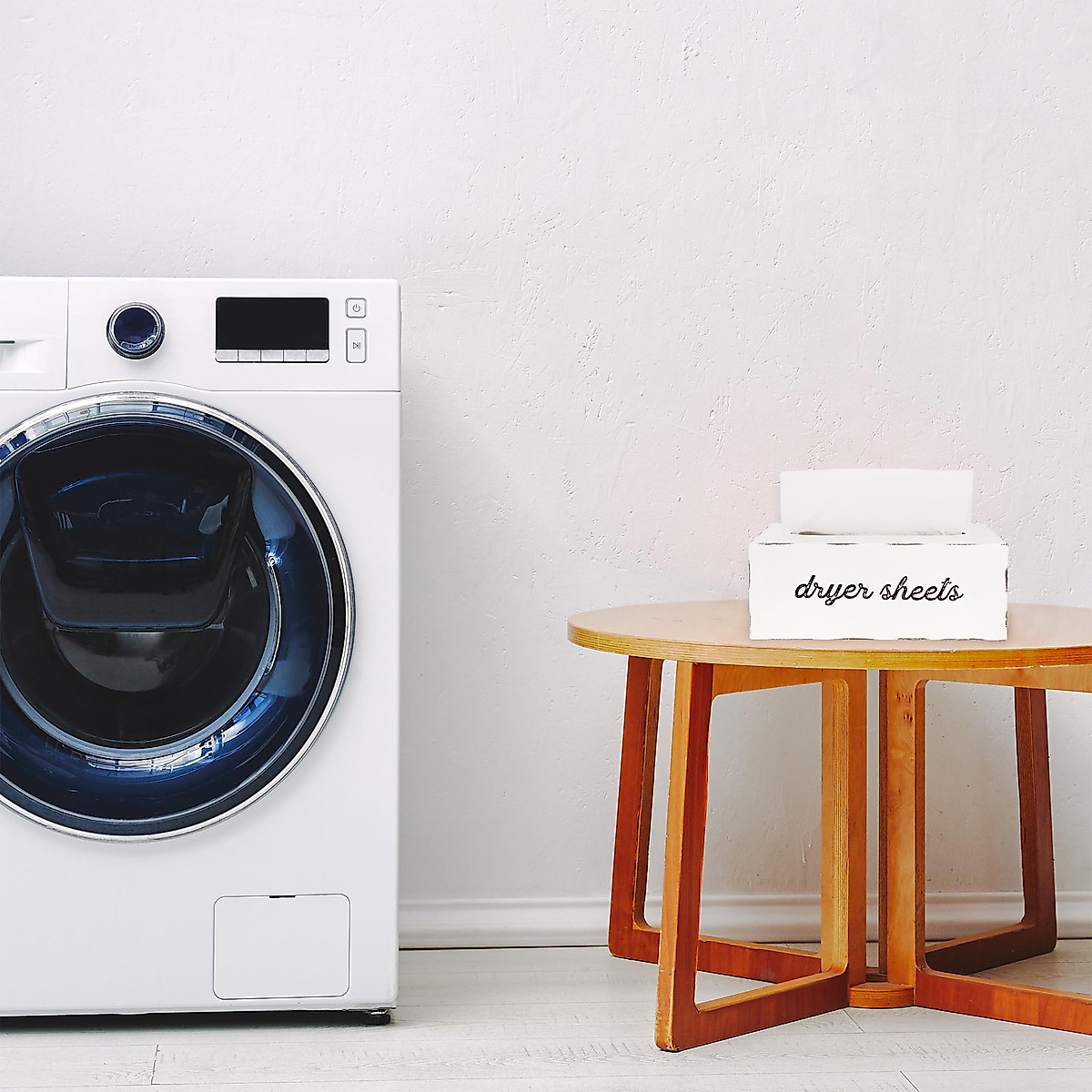 AuldHome Dryer Sheet Dispenser; Countertop Rustic White Fabric Softener Sheet Holder for Laundry Room