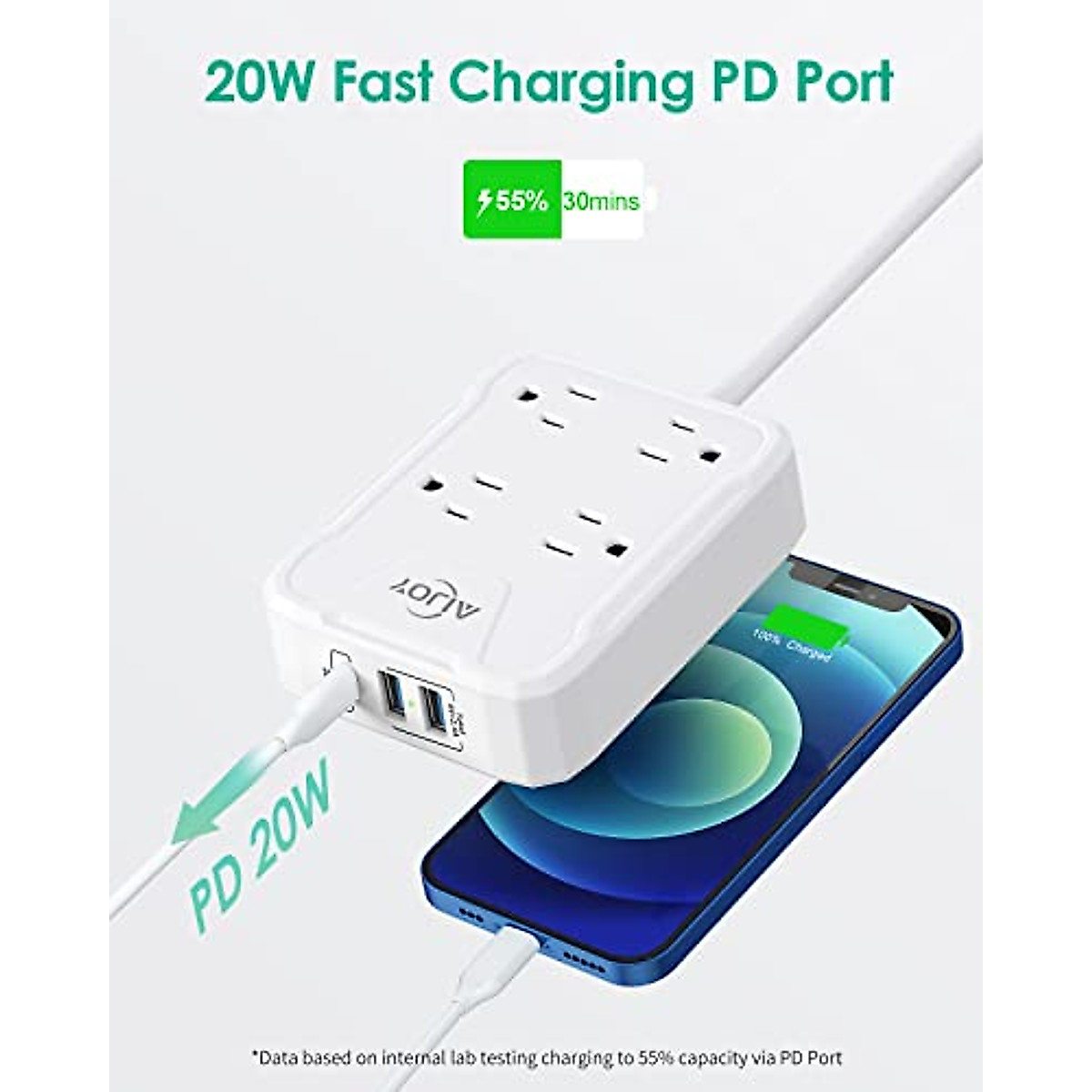 Power Strip with 4 Wide Outlets 3 USB Ports (1 USB C-PD) 5ft Flat Plug Extension Cords Compact for Travel, Cruise Must Haves, Dorm Room Essentials