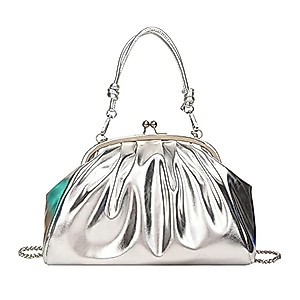 Oichy Leather Evening Bag Pleated Clutch Purses Top Handle Shoulder Bags Kiss Lock Handbags (Silver)