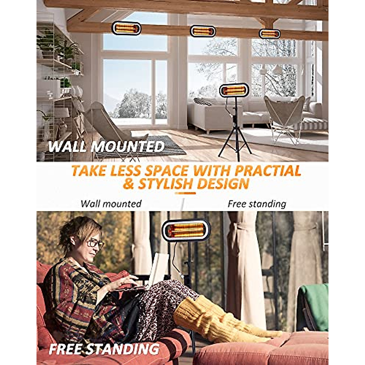 KUTON Outdoor Electric Heater, 1500W Infrared Patio Heater, Standing Indoor Heater with Telescopic Tripod, Tip-Over & IP65 Waterproof For Garage Backyard, Angle Adjustable, YD-SH-B