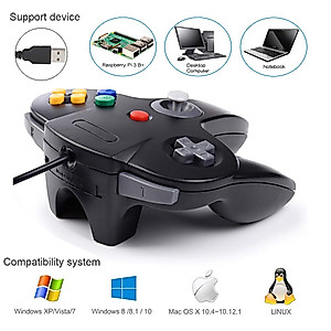 KIWITATA 2 Pack Classic N64 USB Controller, kiwitatá Retro N64 Wired USB Remote Game Pad Joystick Controller for Windows PC & Mac Raspberry Pi 3 Black