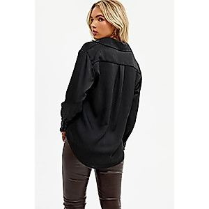 Pausus Women's Silk Button Down Shirts for Women Long Sleeve Business Office Black Satin Blouses Tops with Pocket（Black,S）
