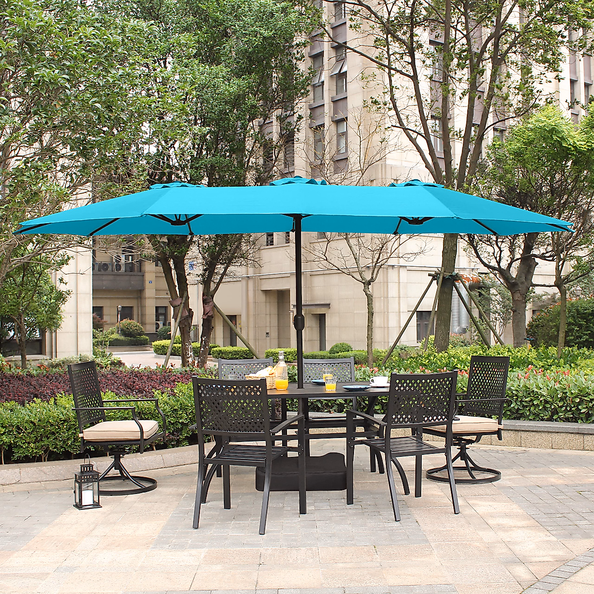Bigroof 15ft x 9ft Patio Double-Sided Umbrella with Base & Crank, Extra Large Rectangular Outdoor Umbrella for Patio, Lawn & Garden, Beige (Turquoise)