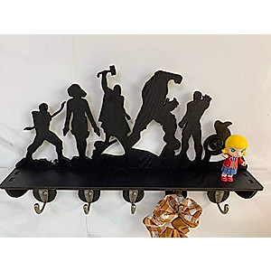 Superheroes Black Wooden Entryway Wall Shelf Hanging Shelf 16 in L, Wall-Mounted Coat Hook Rack with 5 Dual Metal Hooks for Hallway, Bathroom, Living Room, Bedroom