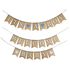 MEEDEE Welcome Baby Banner It's A Boy Banner Burlap Baby Shower Banner For Baby Shower Decorations Rustic Baby Shower Banner Hanging Bunting For Safari Baby Shower Decorations, 3 Pieces