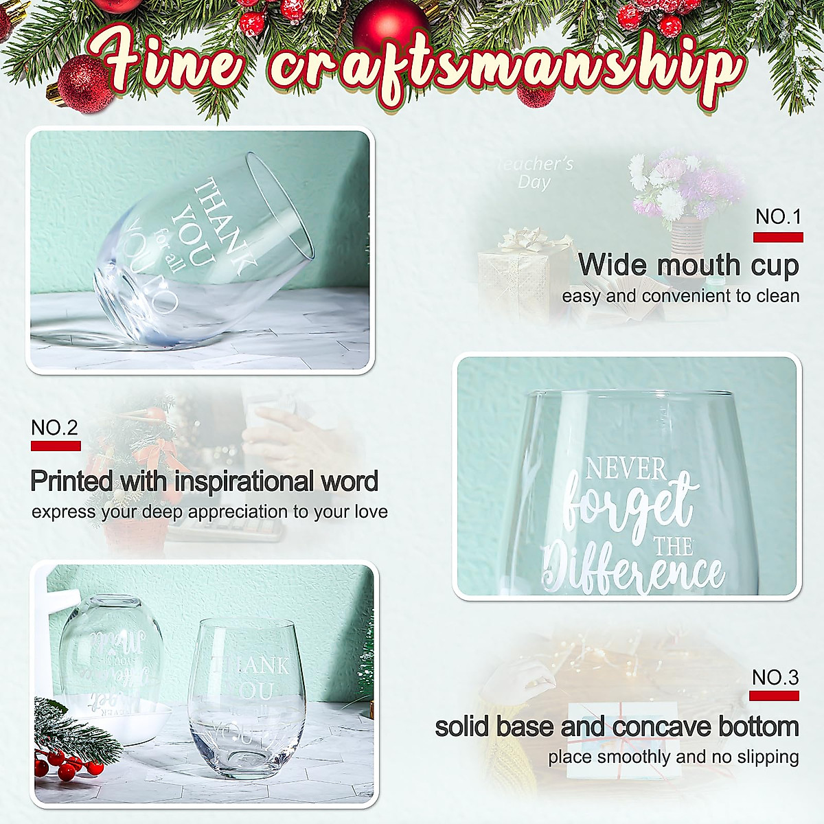 Mumufy 6 Pieces Thank You Stemless Wine Glass Gifts for Women, Inspirational 17oz Cups for Her Coworker Friends Teacher, Christmas Appreciation Birthday Thanksgiving Day Gifts Cups, 6 Styles