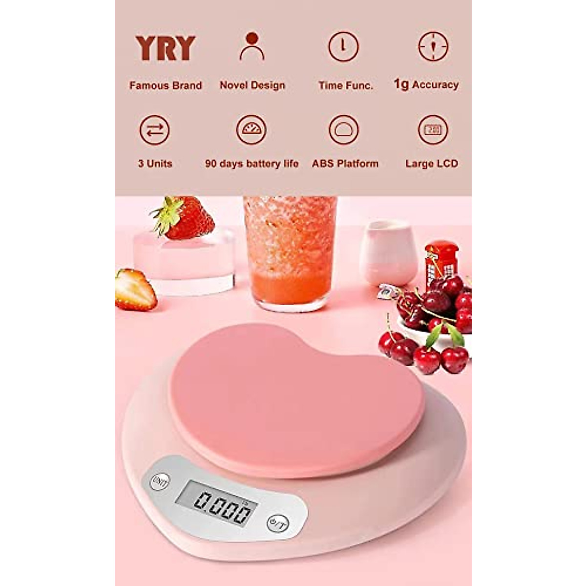 YRY Pink Kitchen Scale - Large LCD Display, Tare Function, 11 lbs(5kg) Capacity, 0.03 oz.(1g) Precise Graduation, ML and Oz Unit for Liquids and Solids - Ideal Food Scale for Baking & Cooking (5kg/1g)