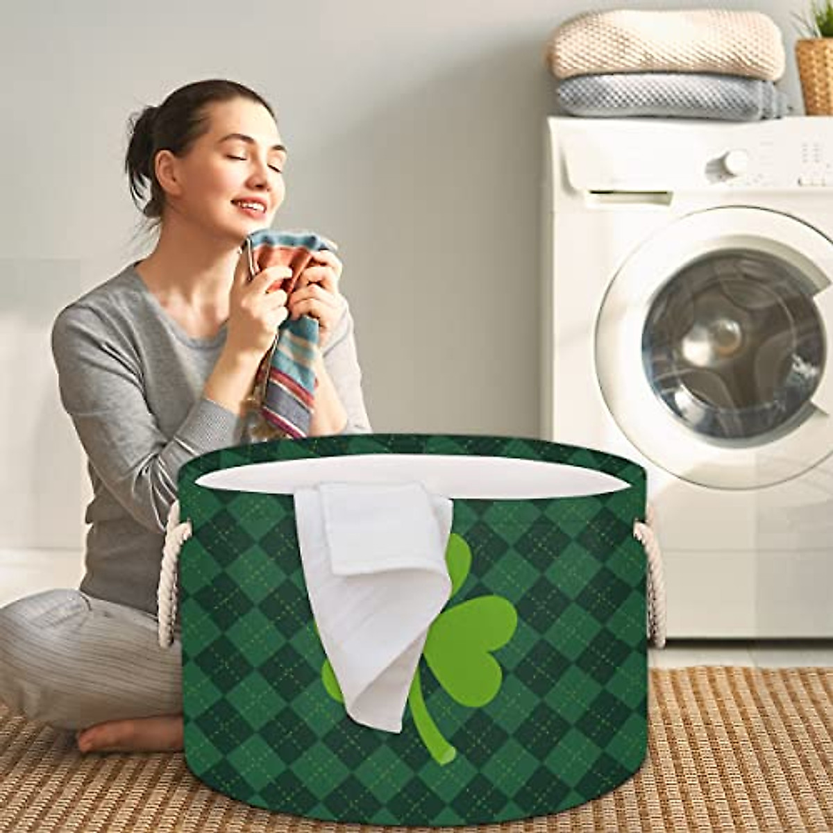 Green Clover Paid Background Large Round Baskets for Storage Laundry Baskets with Handles Blanket Storage Basket for Bathroom Shelves Bins for Organizing Nursery Hamper Girl Boy