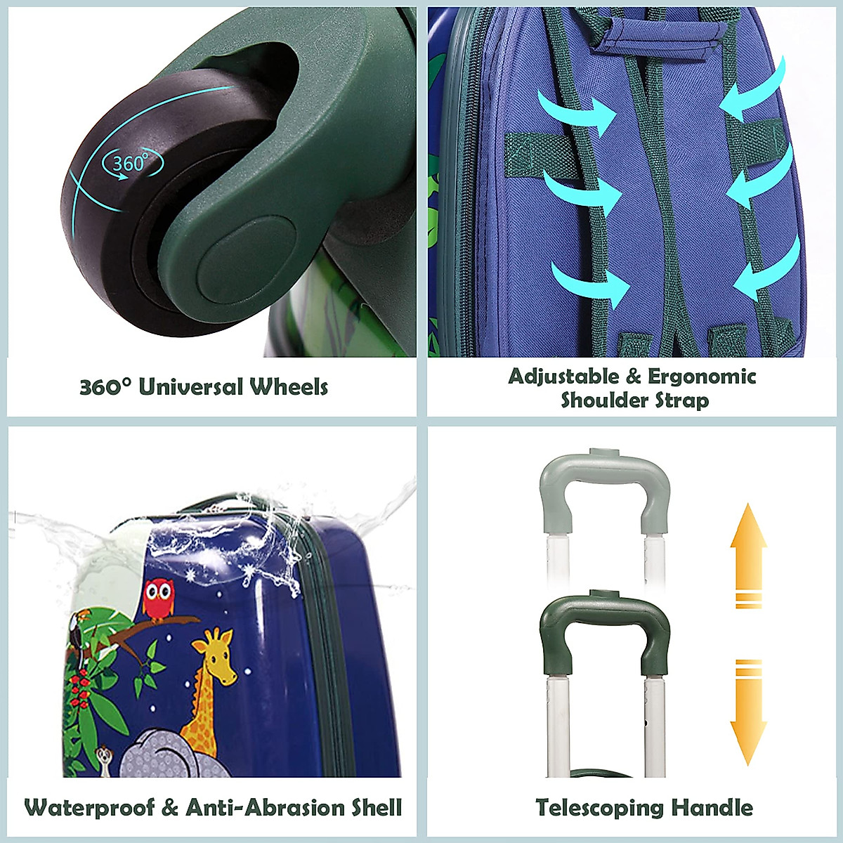 Sandinrayli Kid Luggage Set, 12” Backpack & 16” Kid Carry on Suitcase with Spinner Wheels, Travel Rolling Luggage for Boy