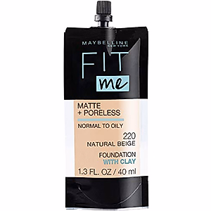 Maybelline New York Fit Me Matte + Poreless Liquid Foundation, Pouch Format, 220 Natural Beige, 1.3 Ounce