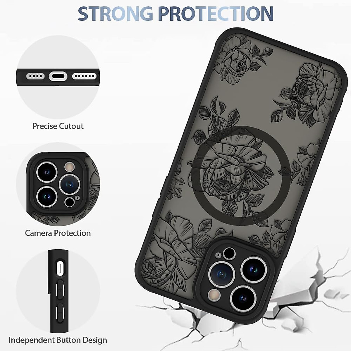 AIGOMARA Case for iPhone 13 Pro Max [Compatible with MagSafe] Black Flower Floral Pattern Design Case for Women Girls Soft TPU Bumper Hard PC Back Anti-Fall Shockproof Protective Magnetic Cover