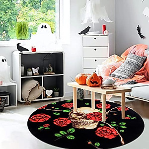 HiiARug Skull and Roses Area Rug 4Ft Round Rug Anti-Slip Floor Protector Round Gaming Computer Chair Mat for Home Decorations Office Gaming Room Mat