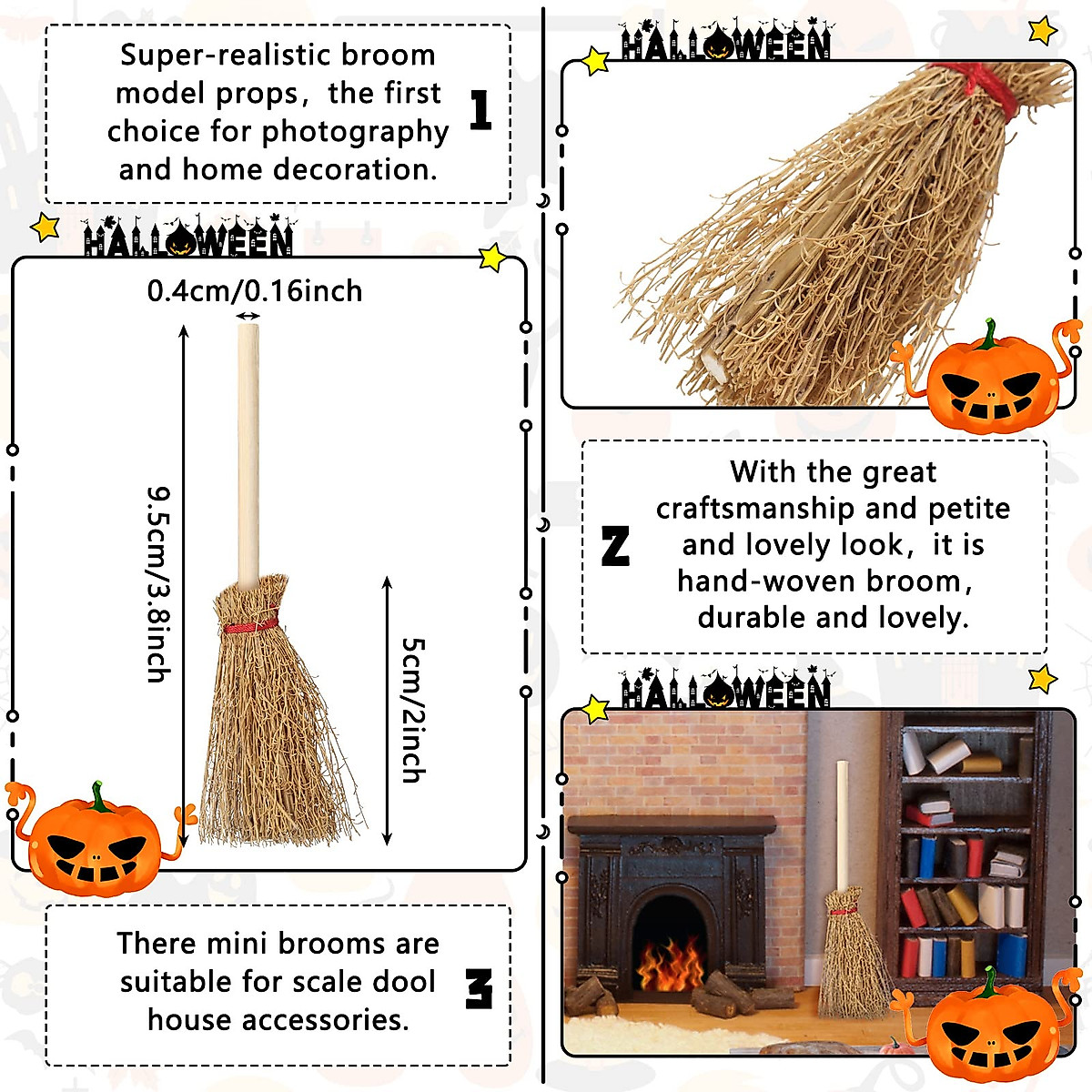 12 Pcs Halloween Mini Witch Hats Candy Cauldron Mini Broom Witch Craft Miniatures Wizard Accessory for Halloween Decorations(Vivid Style)