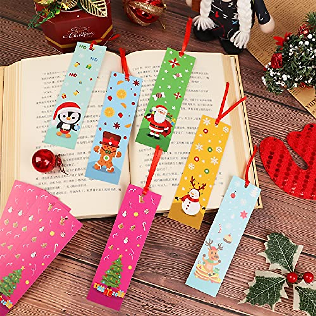 72 PCS Christmas Holiday Bookmarks Christmas Bookmarks Bookmarks for Students Xmas Bookmarks with Santa Snowman Reindeer Christmas Tree Design Christmas Bookmarks for Kids