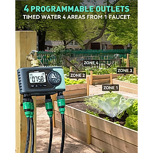 RAINPOINT Sprinkler Timer, 4 Outlets Hose Timer with Brass Inlet, Water Timer with Rain Delay/Manual/Automatic Timed Controller System, Programmable Digital Irrigation Timer for Lawn Yard, 4 Zone