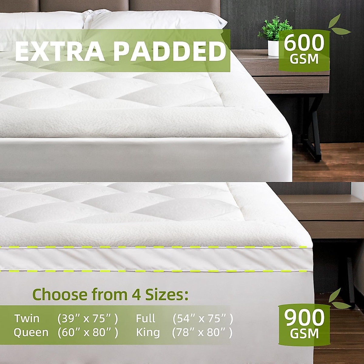 Bamboo Cooling Mattress Topper Queen Size, Mattress Pad Quilted with 600GSM Down Alternative Fill with a Deep Pocket for a Luxurious Sleep Experience (Queen, 60" x 80")