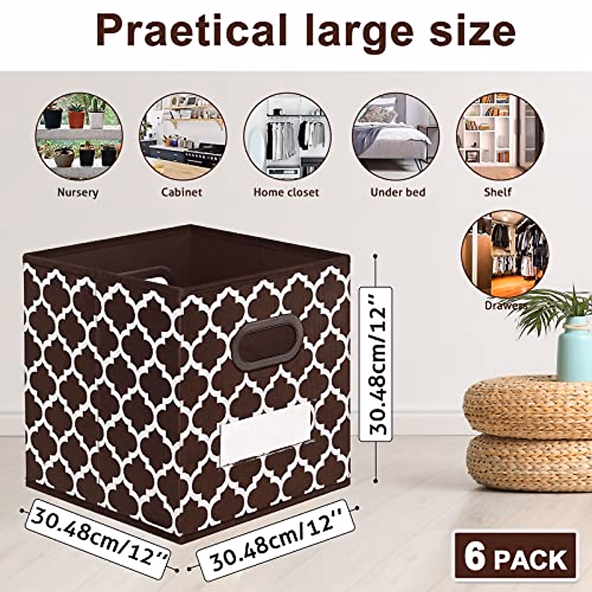 12 inch Cube Storage Organizer Bins-Foldable Fabric storage Cubes Bin Container Box, Closet Organizer Shelf Nursery Drawer for Clothes,Home,Office, Bedroom Set of 6 Deep Coffee with White lantern
