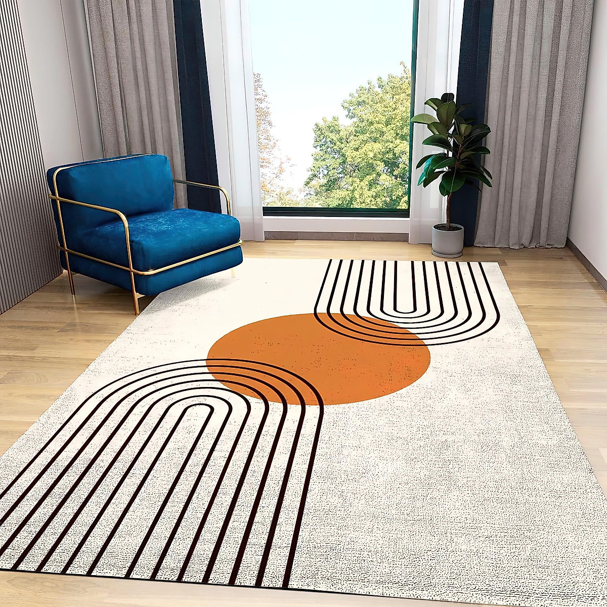 Mid Century Modern Abstract Art Area Rug, Boho Minimalist Line Non Slip Stain Resistant Print Rugs, Soft Machine Washable Carpet for Indoor Bedroom Living Room Office Decor Rug - 6 ft x 9 ft