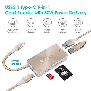 ADAM elements 5-in-1 USB C Hub - 80W USB C PD - SD Card/microSD Card Reader - 2 USB A 3.1 Ports - Portable, Durable Aluminum Case, Compatible for Mac, Windows, Chrome (CASA Hub PDC501, Silver)