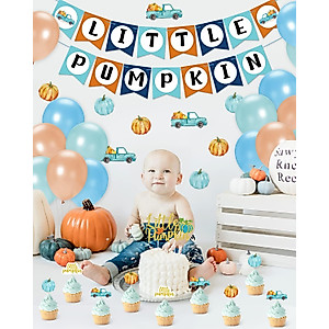 Mosailles Little Pumpkin Decorations Baby Shower Blue Pumpkin Banner Garland Gold Glittery Pumpkin Cake Toppers Latex Balloons for Fall Birthday Thanksgiving Party Decorations Supplies