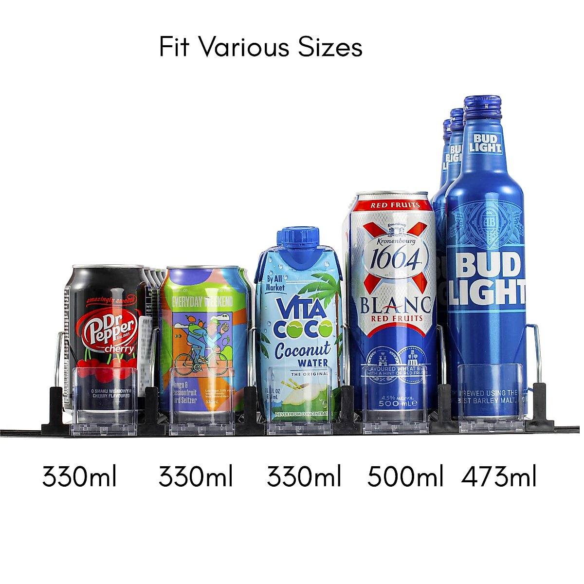 RULA Drink Organizer for Fridge, Self-Pushing Soda Can Dispenser for Refrigerator, Width Adjustable Water Bottle Pusher Glide, 16.2" D, 5 Rows, Black